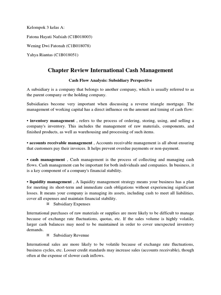 Chapter Review International Cash Management: Cash Flow Analysis: Subsidiary Perspective ...