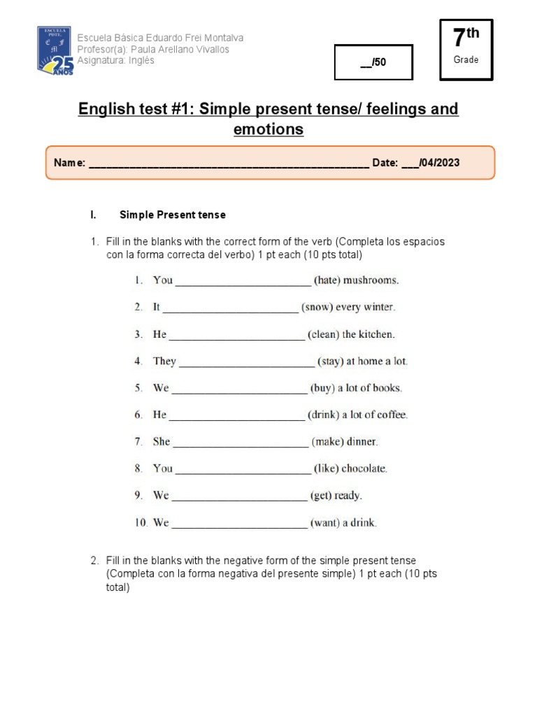 Prueba Inglés 7° Básico | PDF