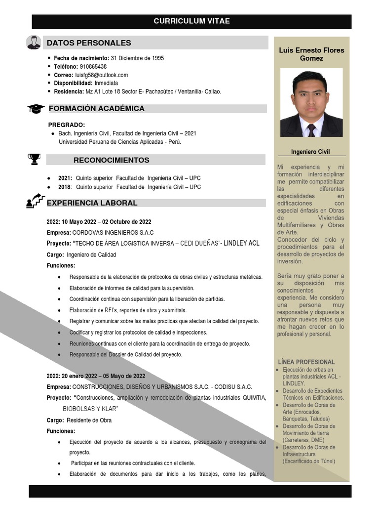 CV Documentado Luis Flores Gomez | PDF | Ingeniero civil | Lima