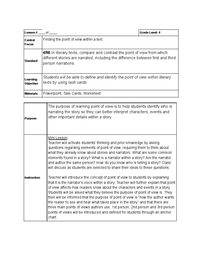 Grade 4 Point of View Lesson Plan | PDF | Narration | Lesson Plan
