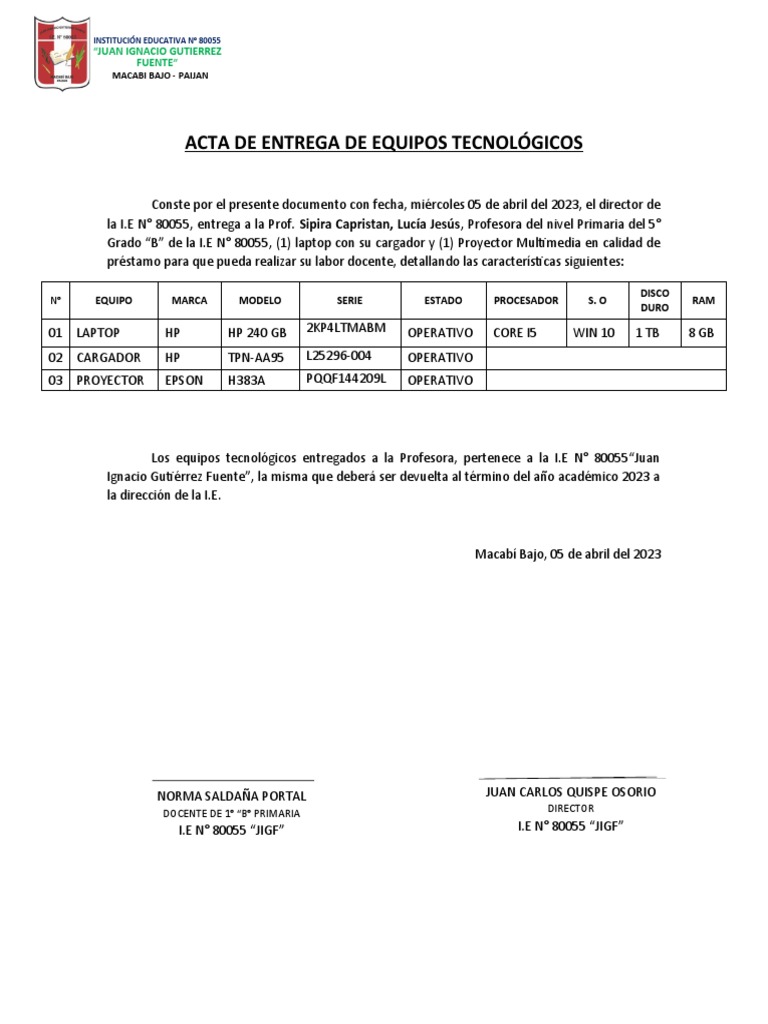 Acta de Entrega de EQUIPOS INFORMATICOS | PDF