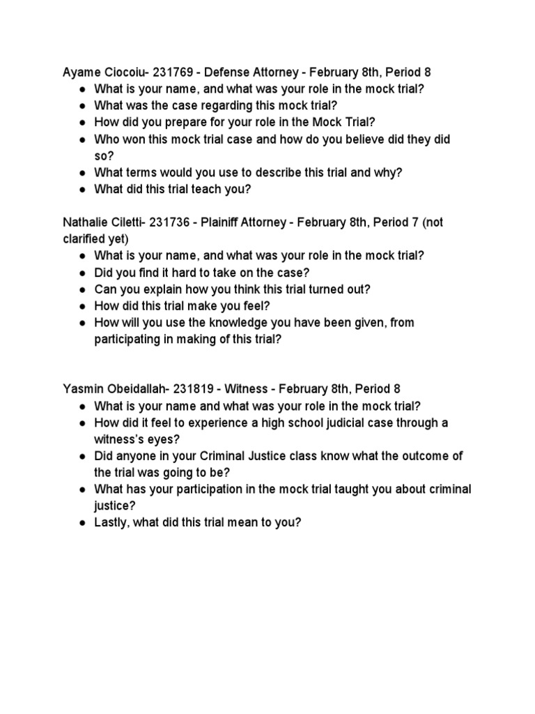 Mock Trial Questions | PDF