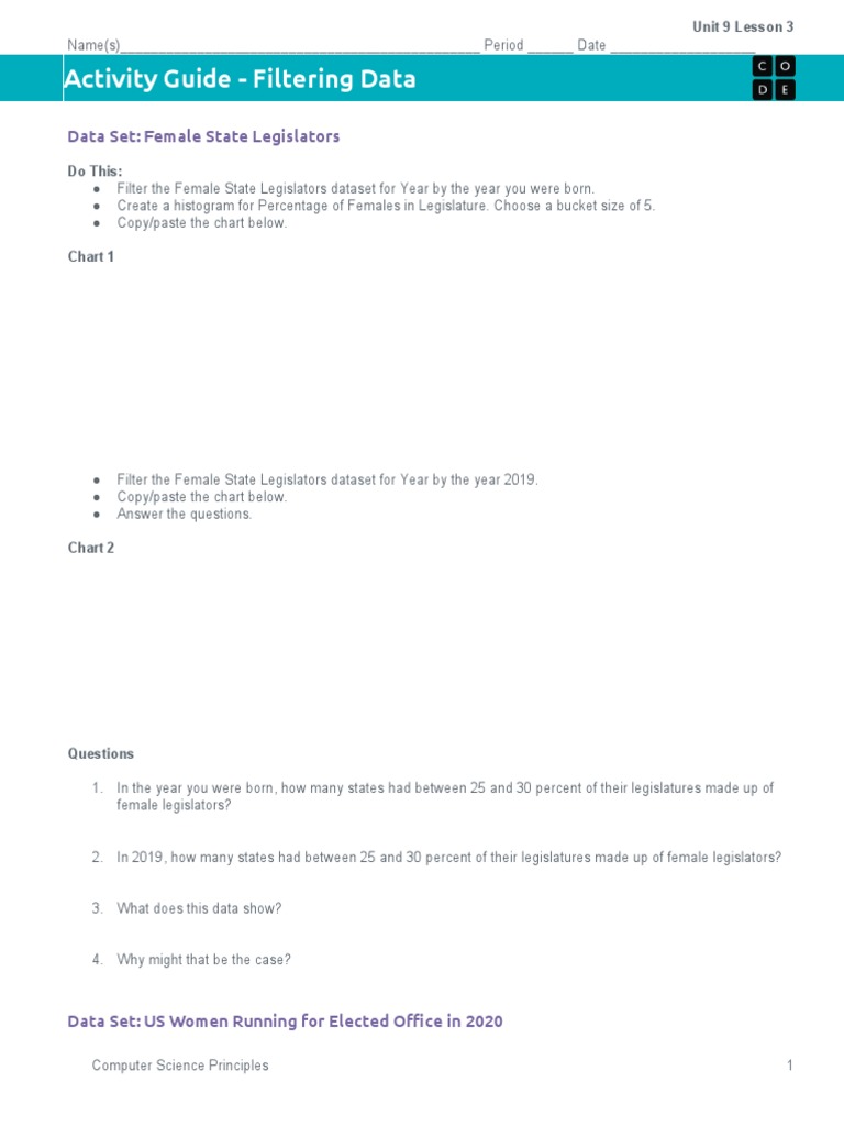 Activity Guide - Filtering Data - Unit 9 Lesson 3 | PDF Activity Guide - Filtering Data - Unit 9 Lesson 3 | PDF