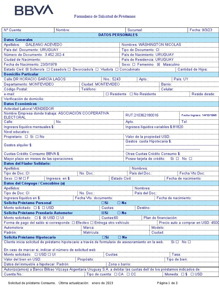 Formulario de Solicitud de Préstamos: Datos Personales Datos Generales ...