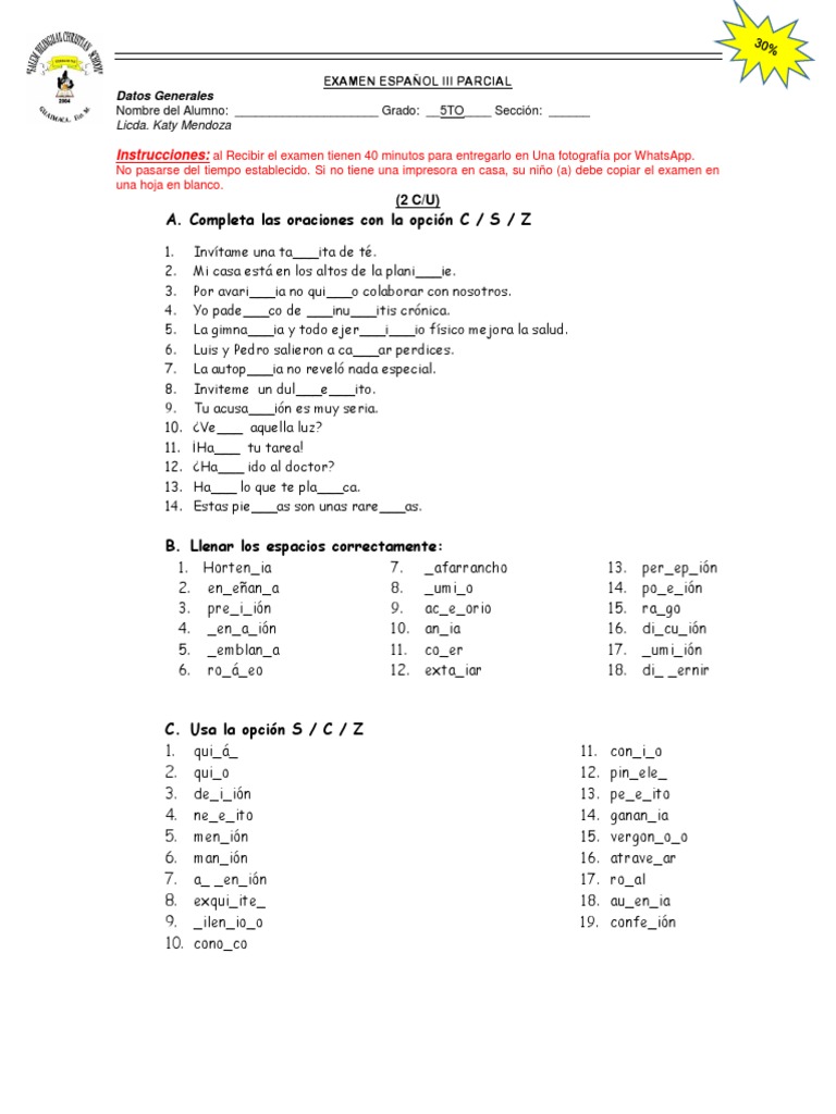 Examen Español 5to Grado 08-10-2020 | PDF