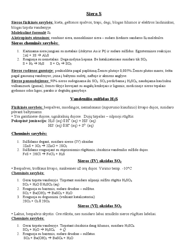 Chemija 10 Klasė - Siera Ir Jos Junginiai | PDF