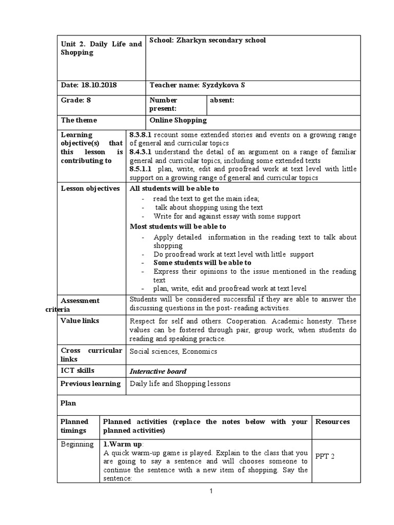 Lesson Plan Shopping | Download Free PDF | Thought | Learning