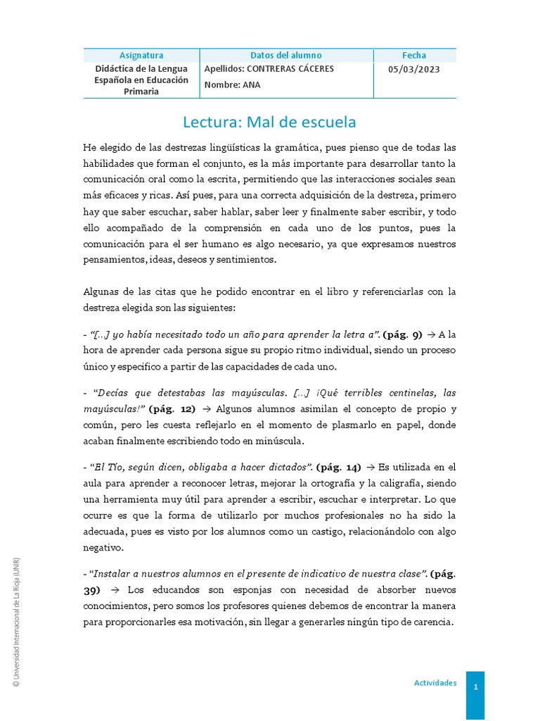 Lectura: Mal de Escuela | PDF | Aprendizaje | Verbo