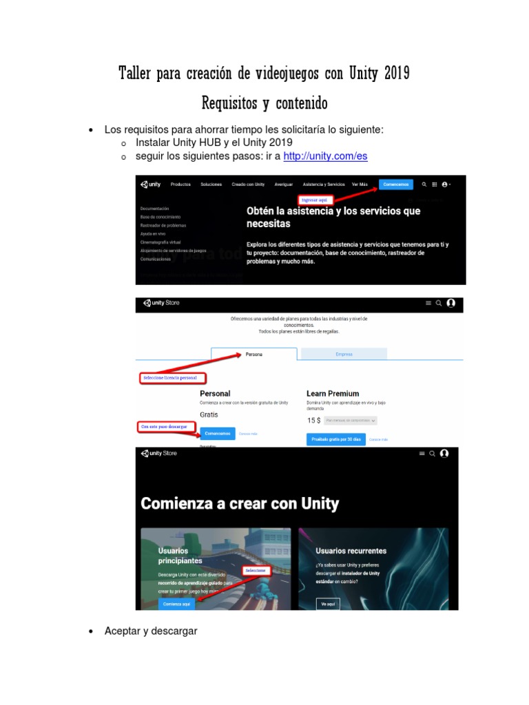 Taller para Creación de Videojuegos Con Unity 2019 Requisitos y Contenido | PDF | Unidad (motor ...