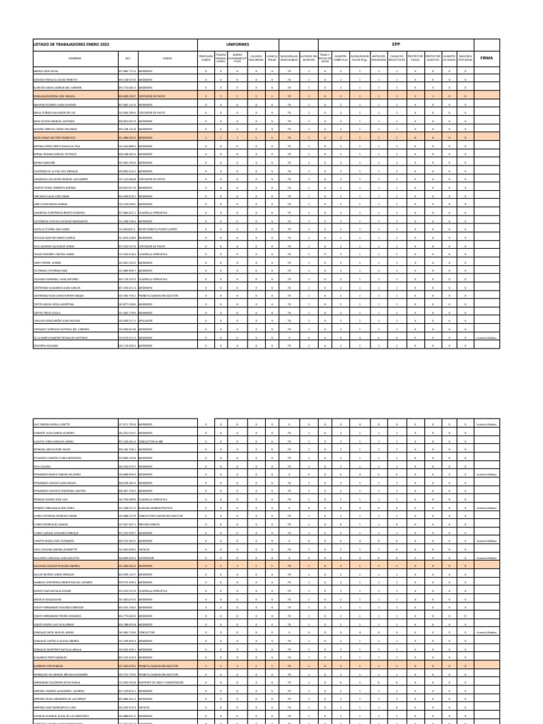Listado de Trabajadores Enero 2022 Entrega Epp y Uniformes | PDF