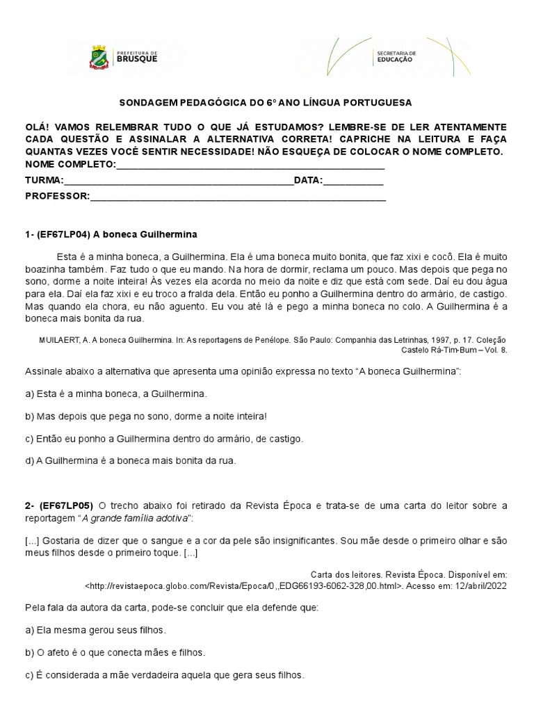 Sondagem pedagógica do 6o ano sobre língua portuguesa | PDF