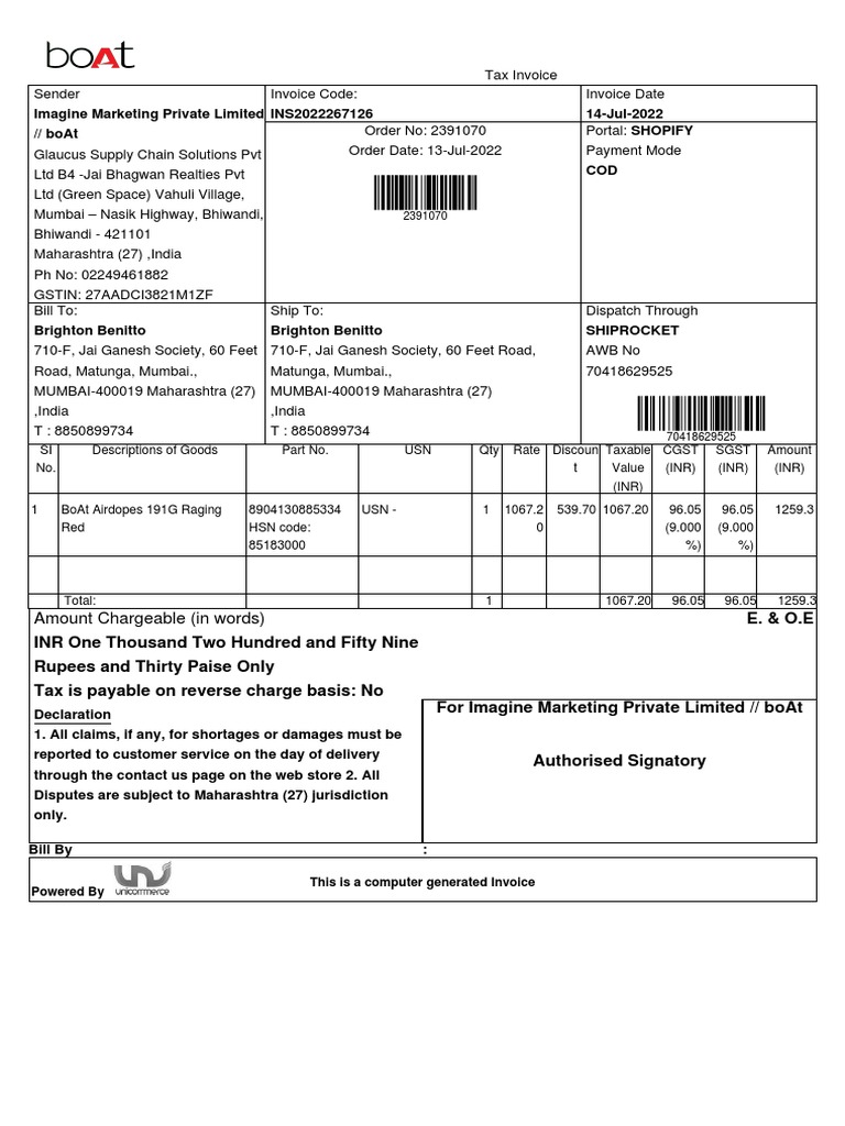 Tax Invoice for the Sale of 1 BoAt Airdopes 191G Raging Red Bluetooth ...