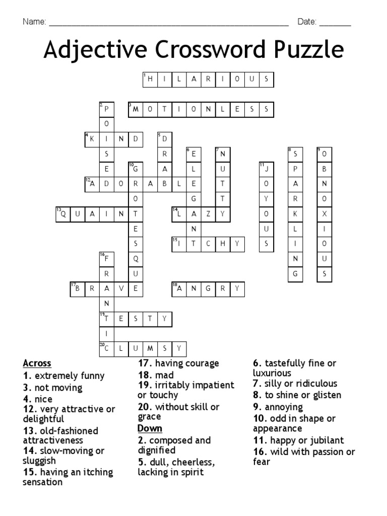Adjective Crossword Puzzle Worksheet | PDF