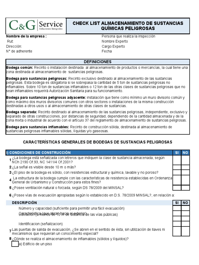 Check List Almacenamiento de Sustancias Químicas Peligrosas: Definiciones | PDF