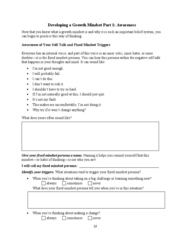 Developing A Growth Mindset Part 1 - Awareness | PDF | Mindset | Psychology
