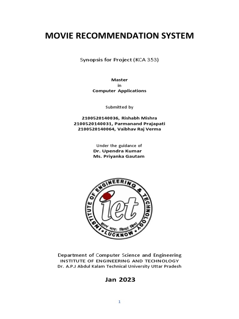 Movie Recommendation System: Synopsis For Project (KCA 353) | PDF | Cluster Analysis | Software