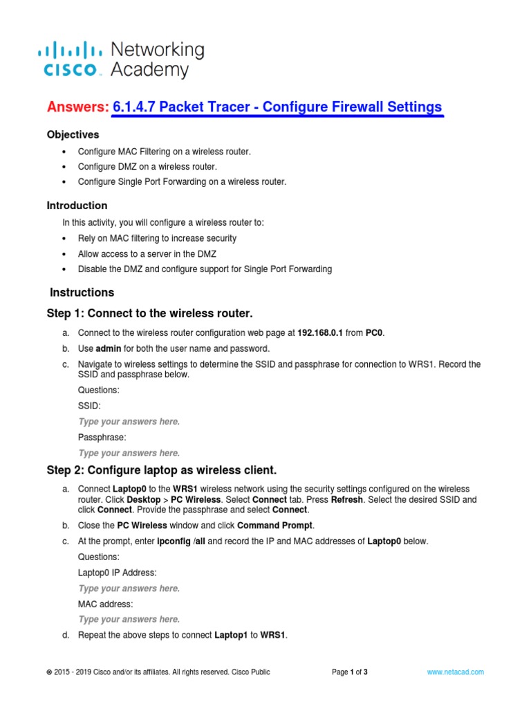 6.1.4.7 Packet Tracer - Configure Firewall Settings | PDF | Router ...