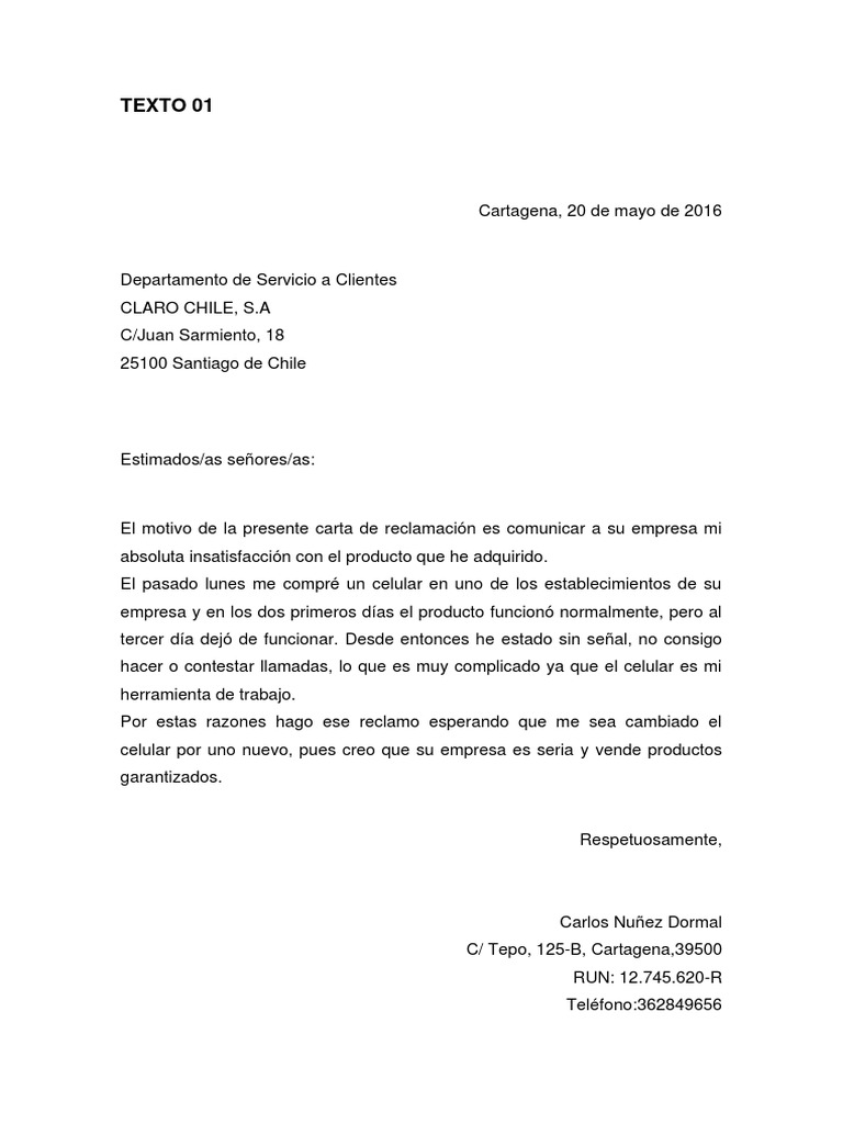 CARTA DE RECLAMACIÓN (Modelo) | PDF