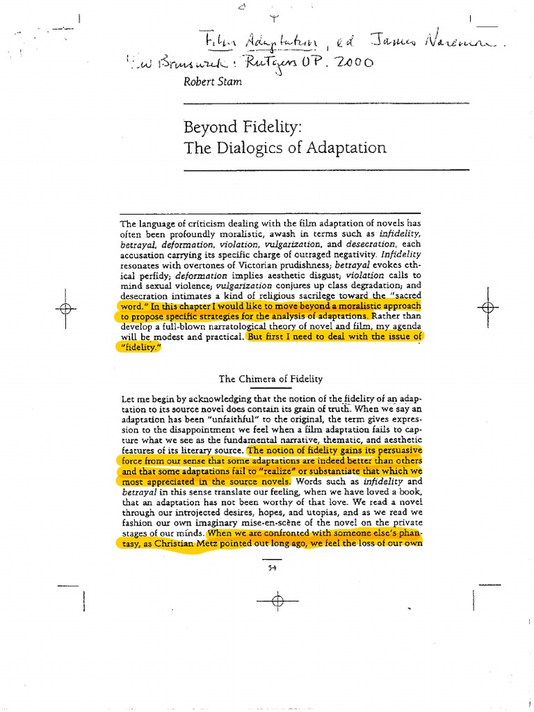 STAM, ROBERT. Beyond Fidelity - The Dialogics of Adaptation. | PDF