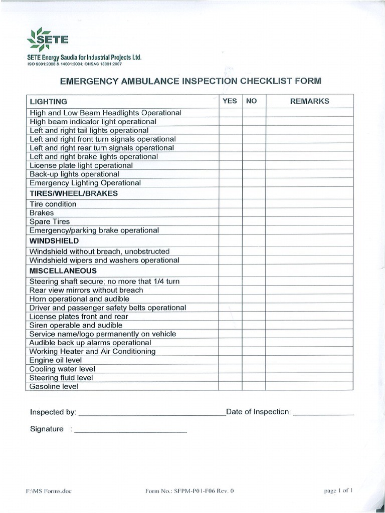 Emergency Ambulance Checklist | PDF