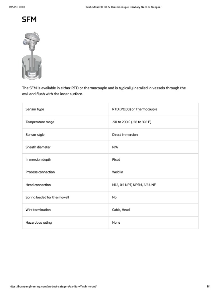 Sanitary Flush Mount RTD & Thermocouple Sensors | PDF