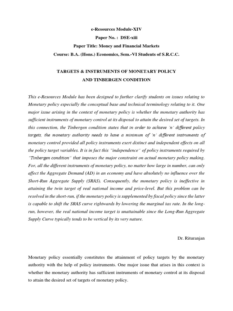 Targets & Instruments of Monetary Policy and Tinbergen Condition | PDF ...