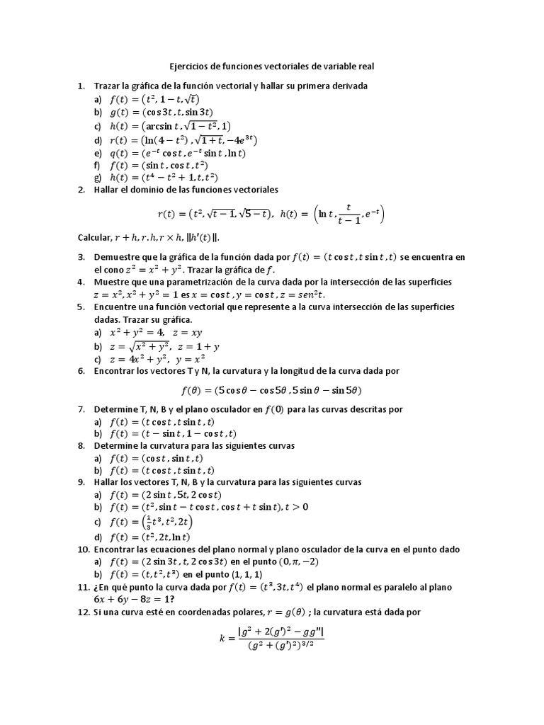 Ejercicios de Funciones Vectoriales de Variable Real | PDF | Curva | Geometría algebraica