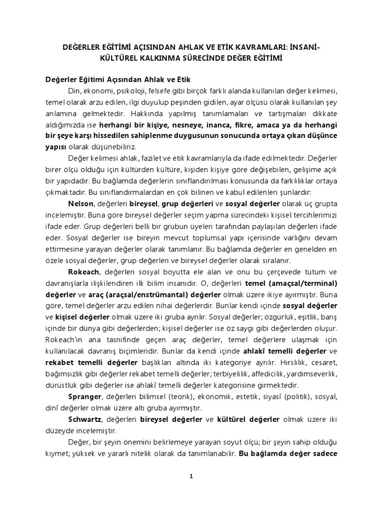 Hafta Ozet Degerler Egitimi Acisindan Ahlak Ve Etik Kavramlari Insa | PDF