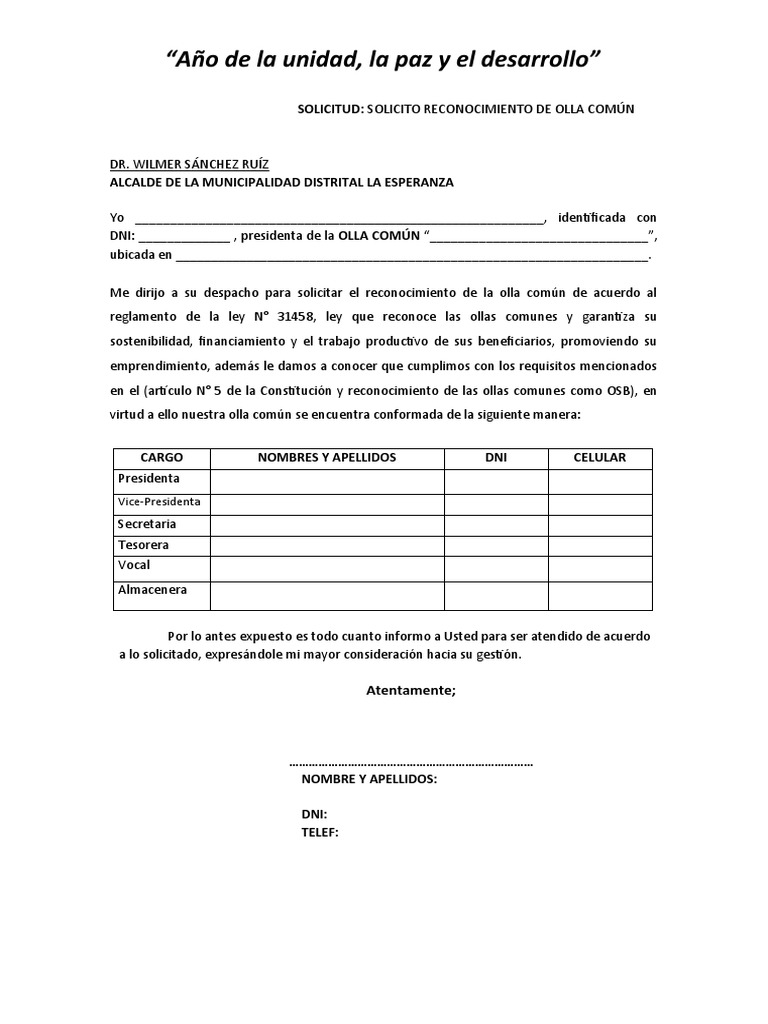 Solicito Reconocimiento de Olla Común | PDF