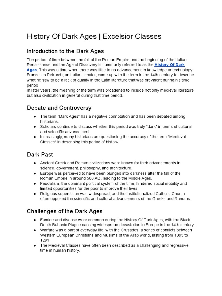 History of Dark Ages - Excelsior Classes | PDF | Middle Ages | Renaissance