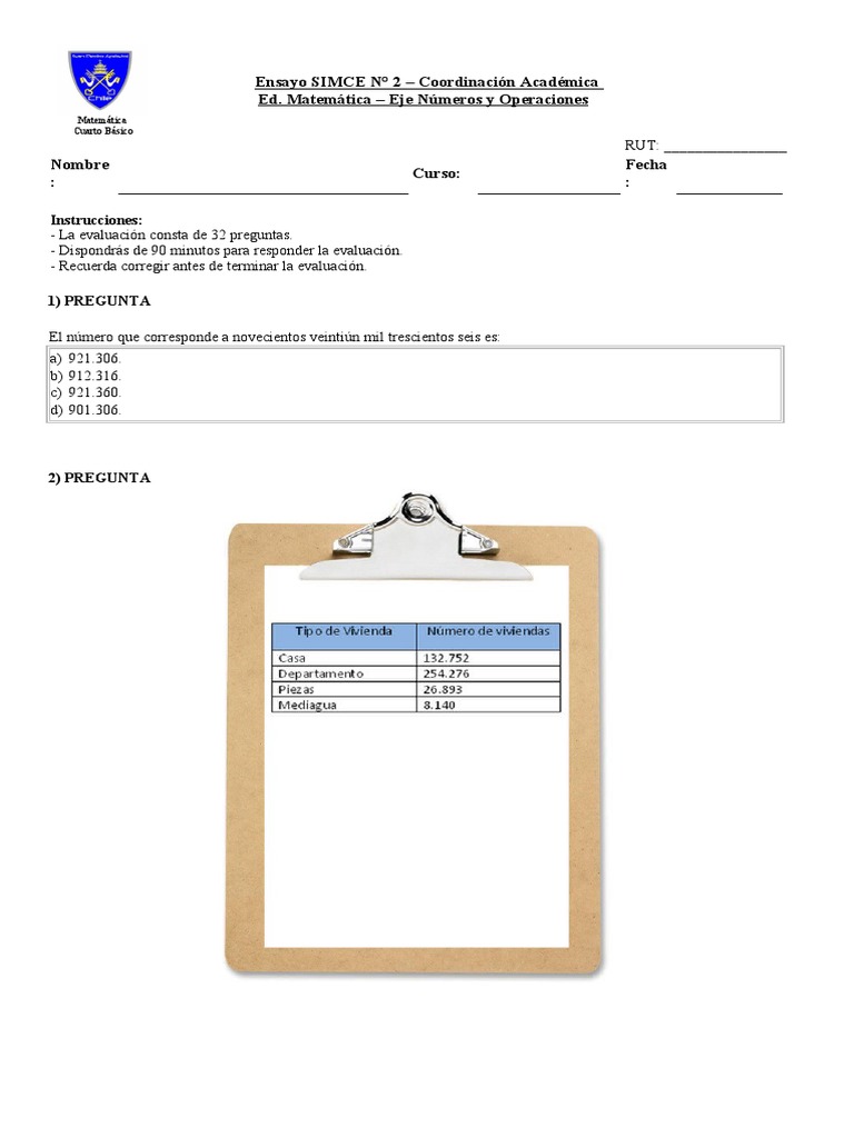 Ensayo N°2 4° Básico MATEMÁTICA Eje Números y Operaciones | PDF | Aritmética | Matemática Elemental