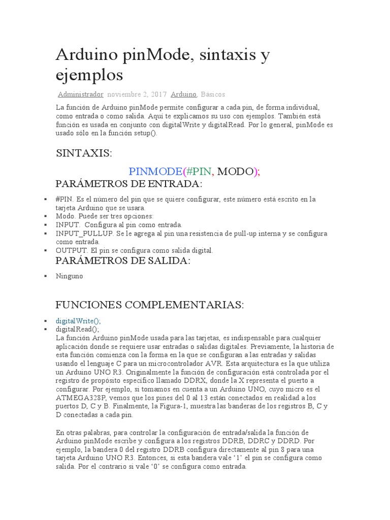 Arduino Pinmode Sintaxis y Ejemplos | PDF | Arduino | Hardware de la computadora