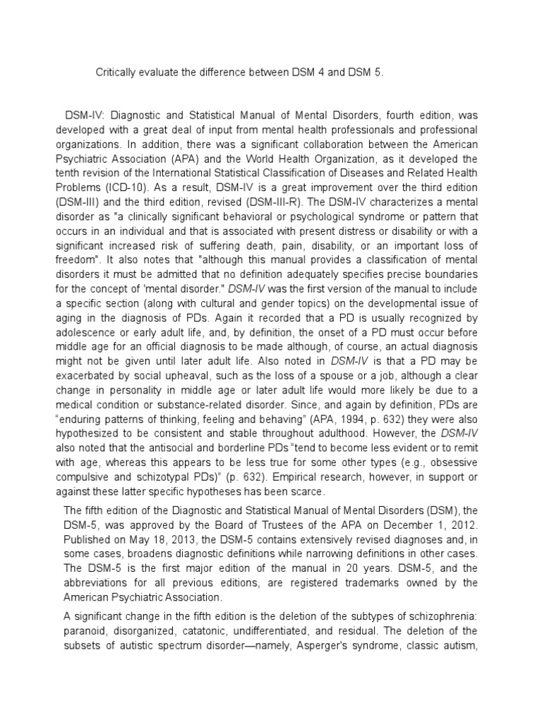 Critically Evaluate The Difference Between DSM 4 and DSM 5EVF | PDF | Diagnostic And Statistical ...
