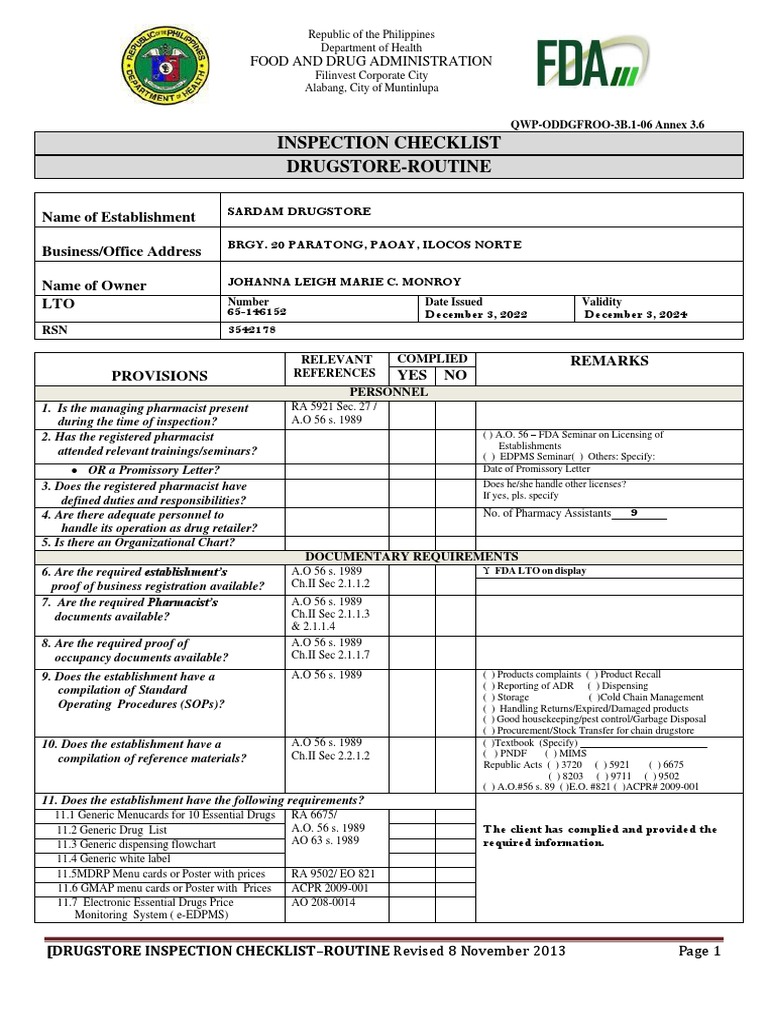 FDA Drugstore Inspection Checklist | PDF | Pharmacist | Health Care FDA Drugstore Inspection Checklist | PDF | Pharmacist | Health Care