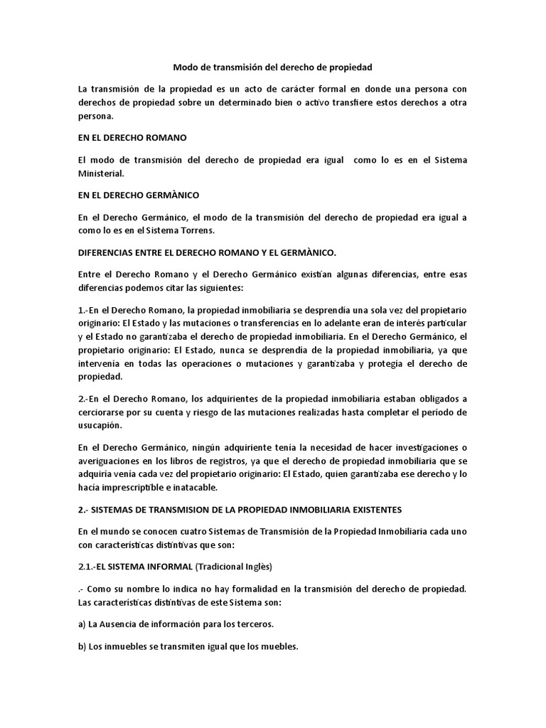 Modo de Transmisión Del Derecho de Propiedad | PDF | Propiedad | Ley de ...
