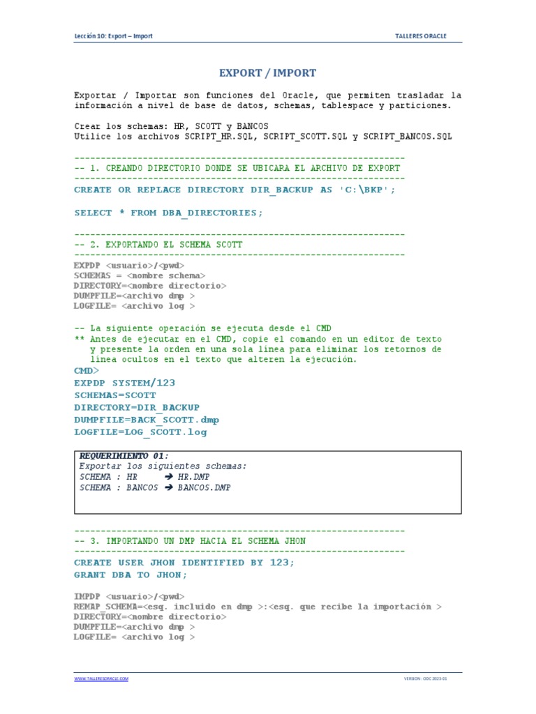 Lección 10 Export & Import ORACLE | PDF | SQL | Ingeniería Informática