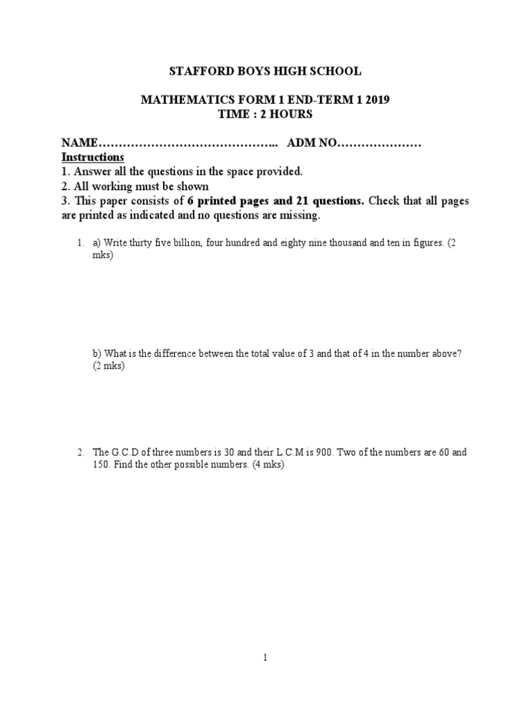 Maths Form 1 End Term | PDF | Numbers | Mathematics