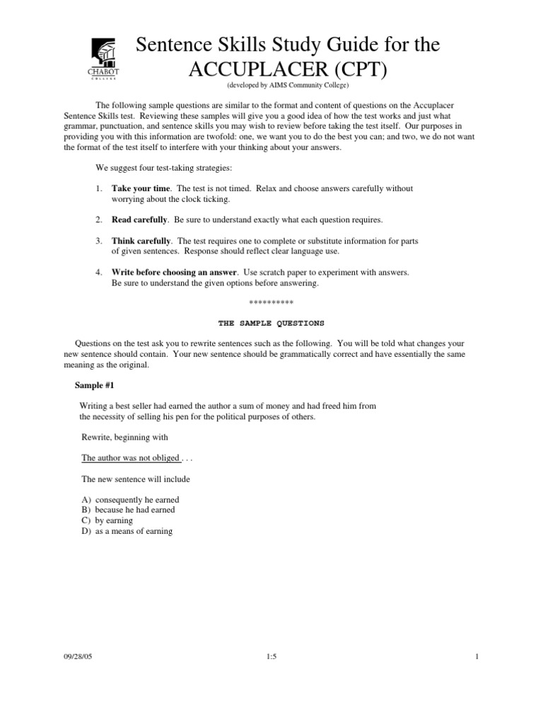 ACCUPLACER Sentence Skills Study Guide | PDF | Sentence (Linguistics ...