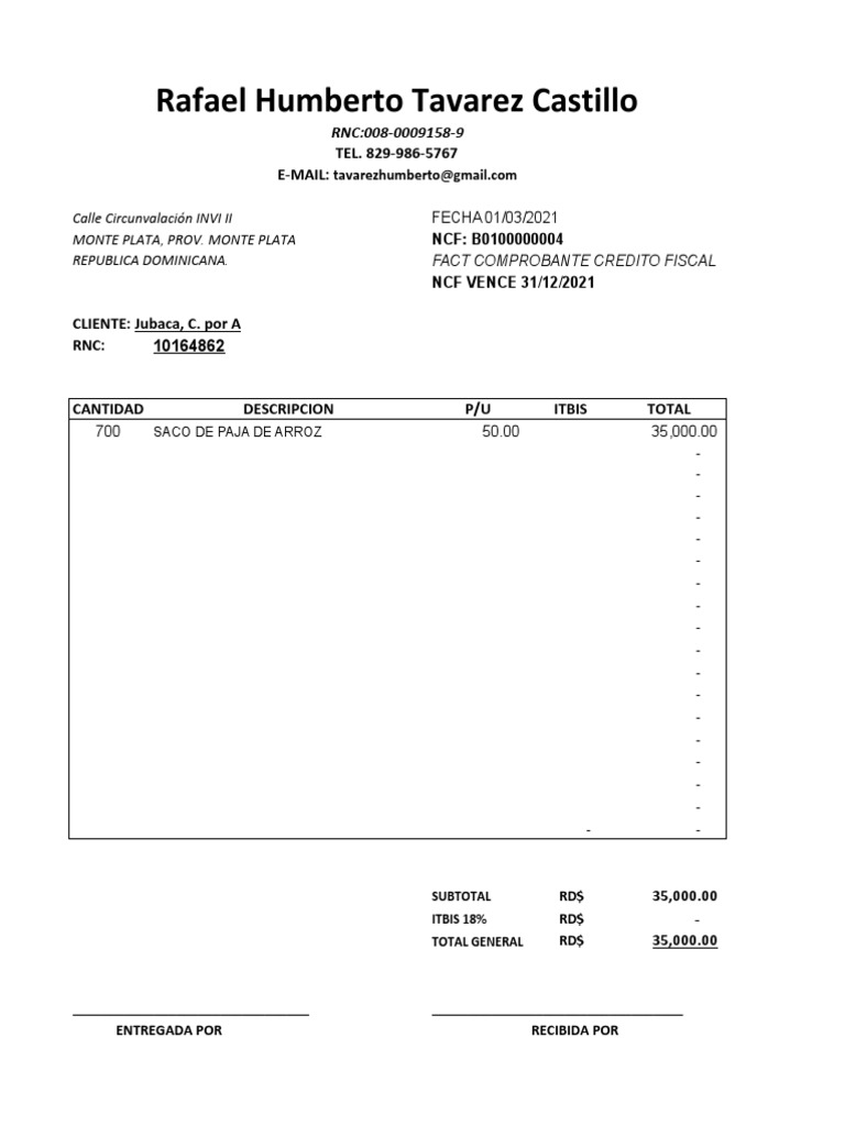 Factura. #4 JUBACA, C Por A - Humberto Tavárez - FACT 01 | PDF