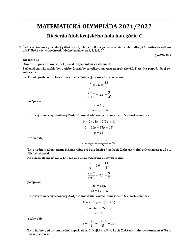 Matematická Olympiáda 2021/2022: Riešenia Úloh Krajského Kola Kategórie C | PDF