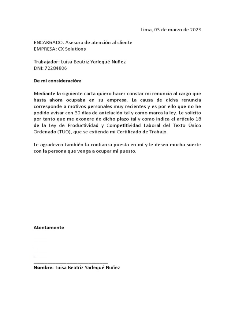 Modelo de Carta de Renuncia Con Exoneracion de Preaviso 1 1 | PDF ...