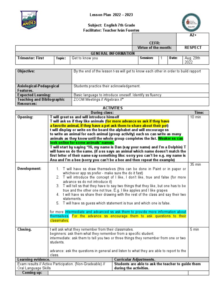 7th Grade English Lesson Plans 2022-2023 | PDF | Lesson Plan | Question