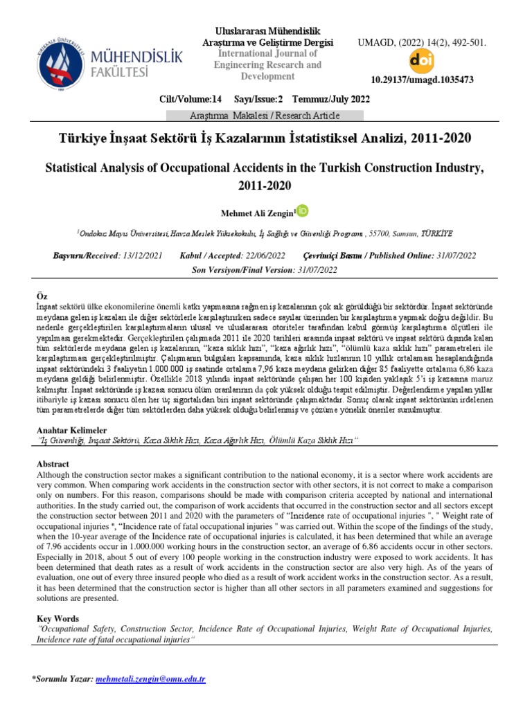 Türkiye İnşaat Sektörü İş Kazalarının İstatistiksel Analizi, 2011-2020 | PDF