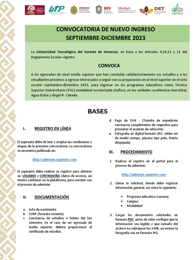 Convocatoria de Nuevo Ingreso Utsv 2023 | PDF