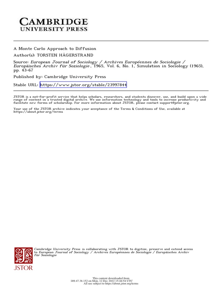 Torsten HAGERSTRAND. (1965) A Monte Carlo Approach do Diffusion | PDF ...