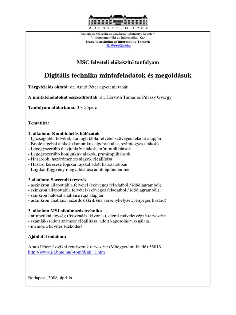 Digitális Technika Mintafeladatok És Megoldásuk: MSC Felvételi Előkészítő Tanfolyam | PDF