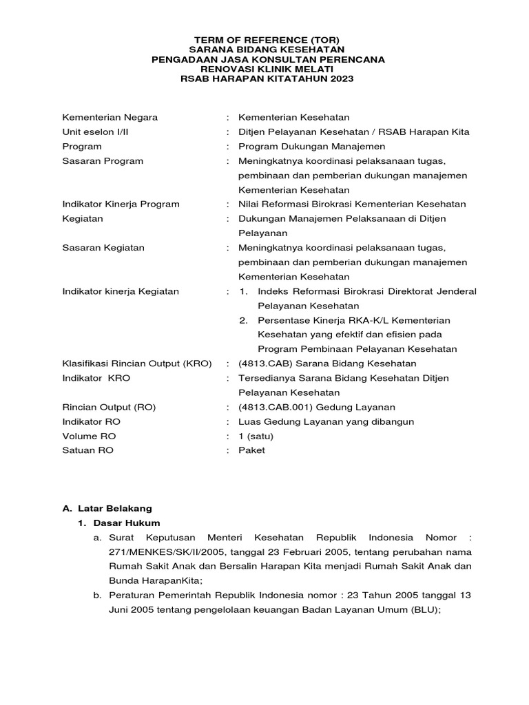 Tor Pengadaan Jasa Konsultan Perencana Renovasi Klinik Melati | PDF