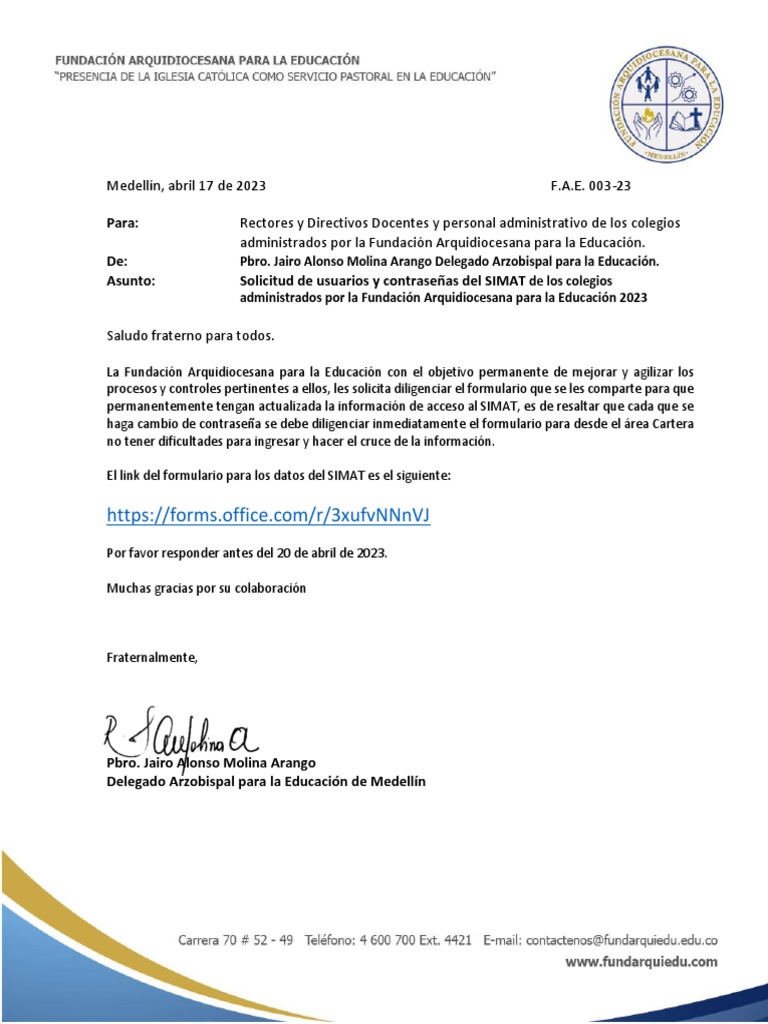 Circular #003 - 2023 Solicitud de Usuarios y Contraseñas Del Simat Colegios Administrados Por La ...