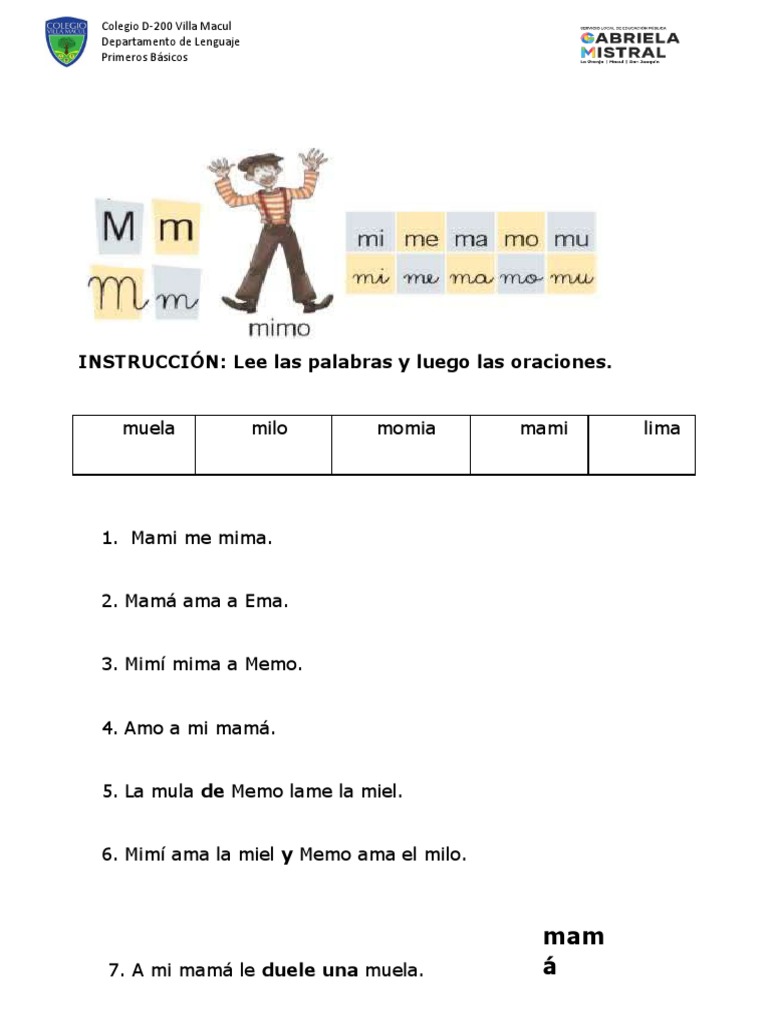Introducción a las palabras y oraciones con la letra M para estudiantes ...