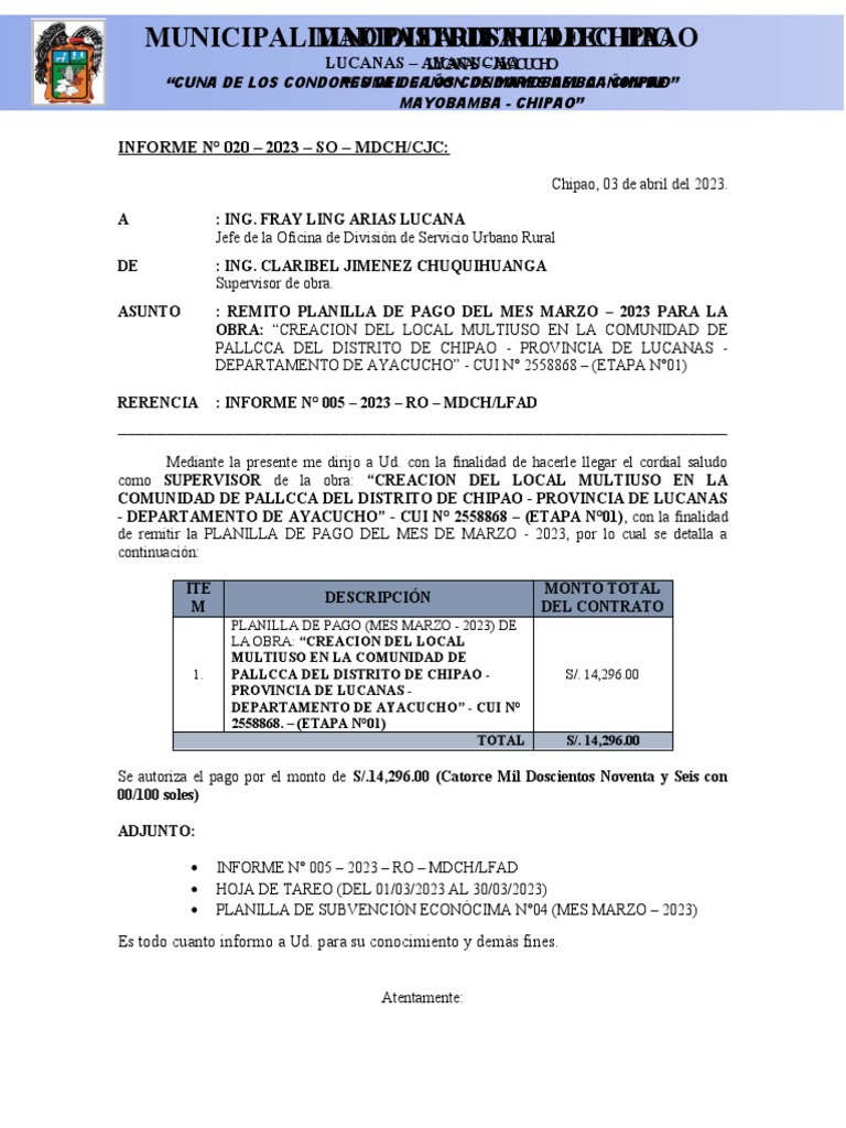 Inf. N°020 - So - Remito Planilla de Pago - Marzo 2023 | PDF